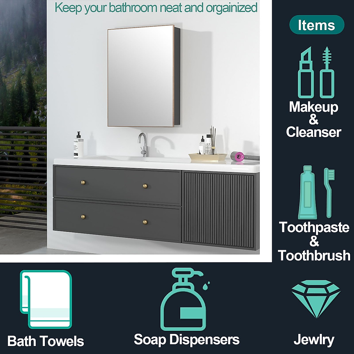 Gold Bathroom Medicine Cabinet with Mirror, Square Rectangle Single Door Recessed or Surface Wall Mounted Aluminum Bathroom Medicine Cabinet, Modern Vanity Mirror 16" W x 22" H