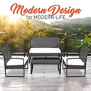 SereneLife Outdoor Living Rattan Furniture, Includes 1 Double & 2 Single Chairs with Cushion & 1 Glass-top Coffee Table 4 Piece Conversation/Chat Set, (Back), Off Black