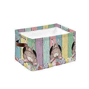 Storage Bins Large Storage Basket,Easter Day Egg Rabbit Tail Farm Colorful Plank Collapsible Storage Bins with Handle,Spring Flower Butterfly Storage Baskets Cube Organizer for Shelves Closet Nursery