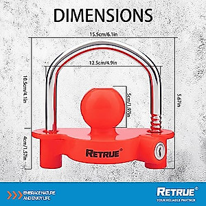 RETRUE Universal Coupler Lock Trailer Locks Ball Hitch Trailer Hitch Lock Adjustable Security Heavy-Duty Steel Fits 1-7/8 Inch, 2 Inch, 2-5/16 Inch Couplers Red