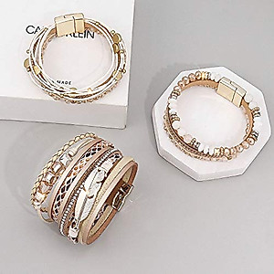 Wovanoo Leather Wrap Bracelet Set 3Pack Multilayer Cuff Bracelet Magnetic Clasp Bracelet Bead Crystal Bracelet for Women Girls Crystal