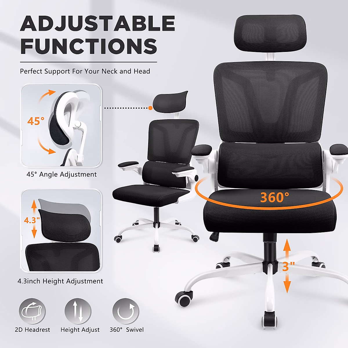 Soontrans Black Ergonomic Office Chair with Lumbar Support Pillow, Mesh Office Chair with Headrest & Adjustable Arms, Rocking Office Desk Chair, Comfortable Ergonomic Chair, Ergo Chair