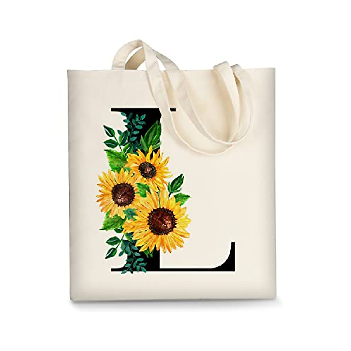 AUSVKAI Canvas Tote Bag Aesthetic for Women, Cute Sunflower Initial Trendy Monogram Personalized Initial Birthday Reusable Cloth Cotton Bags with Handle for Grocery School Shopping Beach