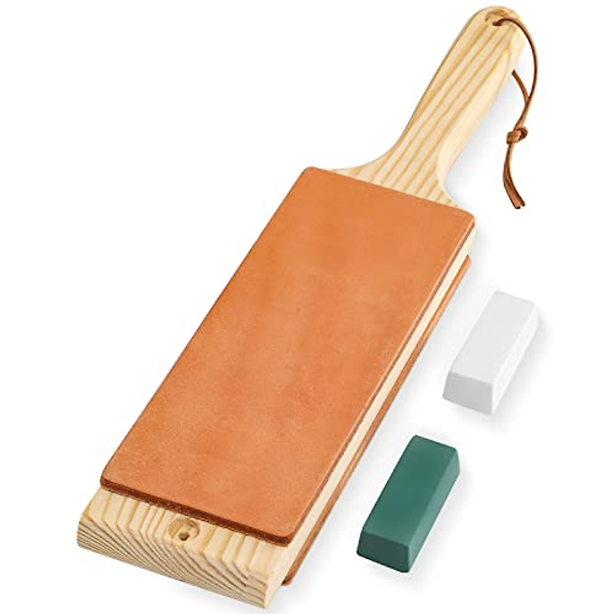 ANGERSTONE Double Sided Leather Strop Kit(14.3" x 3" Knife Stropping Leather）with Ergonomic Handle - Knife Strop for Sharpening Knives, Wood Carving Chisels, Buffing Compound Included