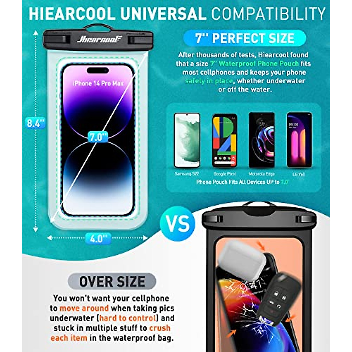 Hiearcool Universal Waterproof Phone Pouch, Waterproof Phone Case Compatible for iPhone 14 13 12 11 Pro Max XS Plus Samsung Galaxy S22 Cellphone Up to 7.2", IPX8 Cellphone Dry Bag for Vacation-4 Pack
