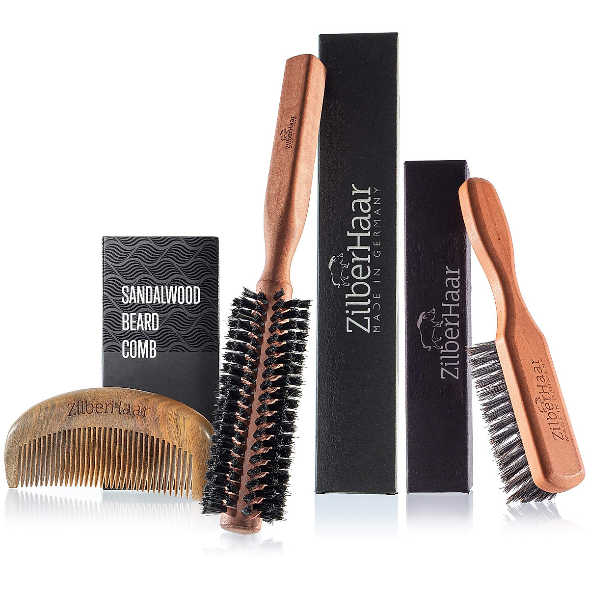 ZilberHaar Beard Straightening Brush Bundle - Regular Brush + Round Styling Brush + Sandalwood Beard Comb