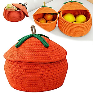 Halloween Pumpkin Basket with Lid, Woven Candy Basket Fall Decorative Storage Candy Bowl, Orange Woven Rope Basket, Trick or Treat Bucket for Caddy Snacks Organizer Home Office Decor (L)