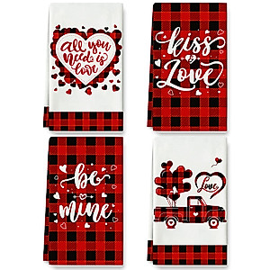 Whaline Valentine's Day Kitchen Towel Red Black Buffalo Plaids Heart Love Dish Towel 18 x 28 Inch Sweet Hand Drying Tea Towel for Wedding Birthday Mother's Day Cooking Baking, 4Pcs