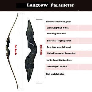 60" Archery Takedown Longbow and Arrow Set Adult Right Hand Hunting Wood Bow American Longbow 25-60Lbs Draw Weight (Bow, 25 Lbs)