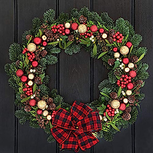 URATOT 2 Rolls Red and Black Plaid Burlap Ribbon Wired Ribbon Christmas Wrapping Ribbon for Christmas Crafts Decoration, Floral Bows Craft, 472 by 2.48 Inch