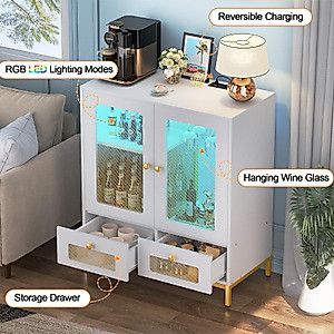 Sideboard Buffet Cabinet with Storage, Wine Bar Cabinet with Power Outlet & LED Light, Kitchen Storage Cabinet with Drawers, Liquor Coffee Bar Cupboard Buffet Table for Dining Room, White
