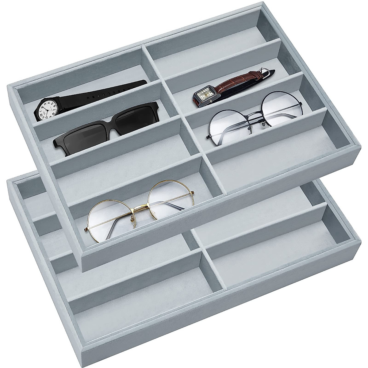 Amylove 2 Pieces Sunglass Organizer Trays Velvet Glasses Tray Stackable Jewelry Organizer Trays Sunglass Display Organizer Sunglass Display Box, 8 Grids (Gray)