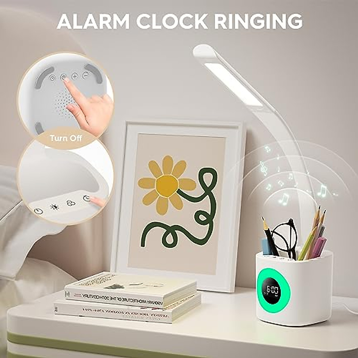 Hokone Desk Lamps for Home Office, LED Desk Lamp with Pen Holder, 10W Study Lamp with USB Adapter, Gooseneck White Desk Lamp Dimmable, RGB Touch Night Light for Kids