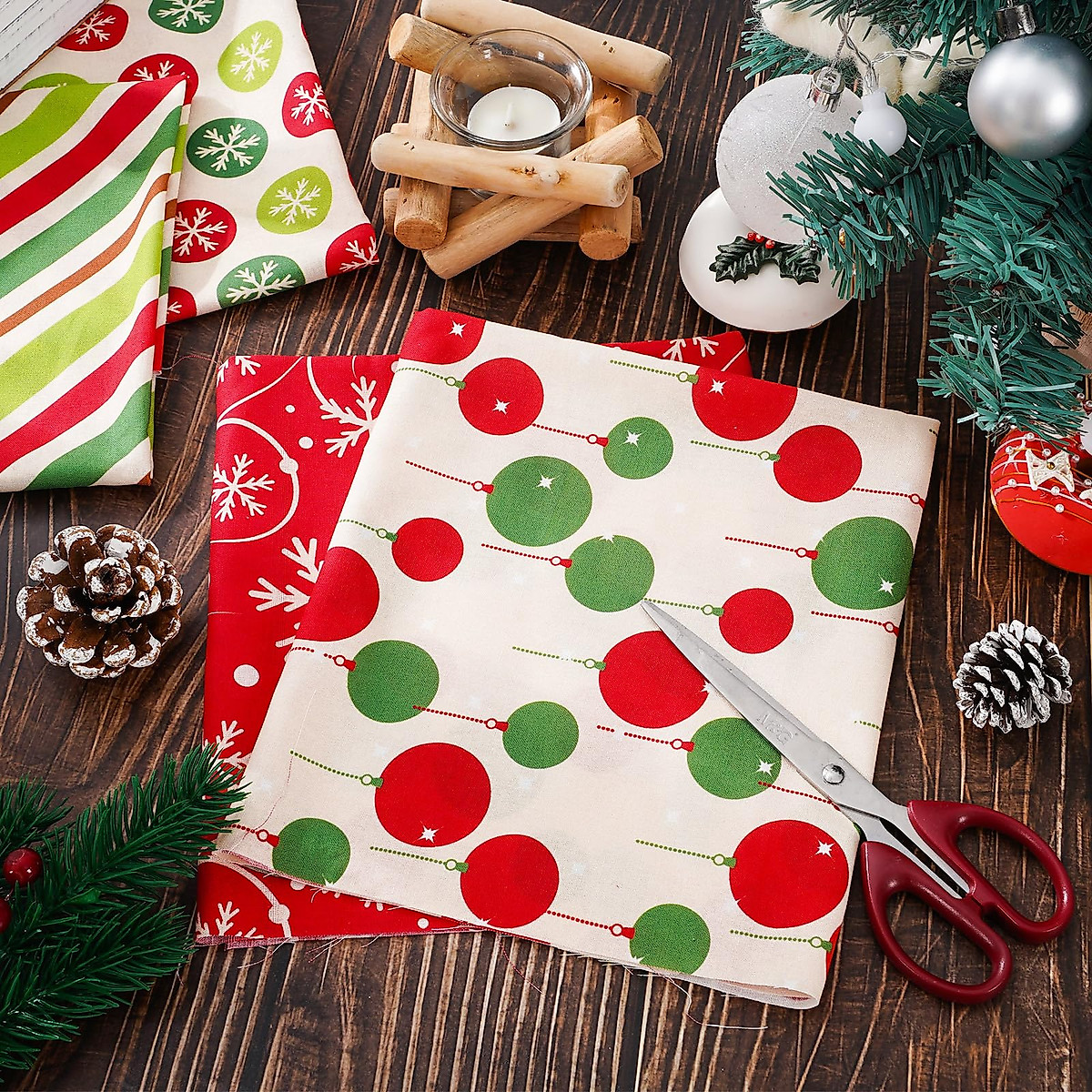 Whaline 12Pcs Christmas Cotton Fabric Bundles Xmas Tree Snowflake Dot Stripe Printed Fat Quarters Holiday Sewing Fabrics for DIY Handmade Crafting, 18 x 22 Inch