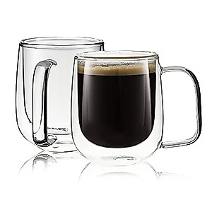 vzaahu Double Wall Coffee Mugs with Handle [2-Pack,12 Oz] Glasses Espresso Cups Clear Glass Coffee Mug Set for Cappuccino Tea Latte Beverage, Glasses Heat Resistant Dishwasher Microwave Safe