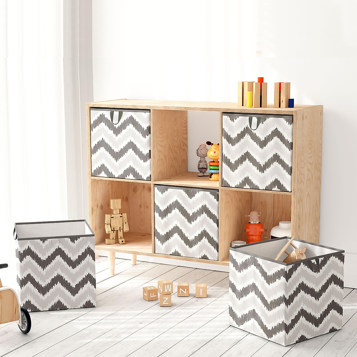 Bacati - Large Storage Tote Mix N Match Ikat Chevron/Dots Grey 14 x 14 x 10 inches