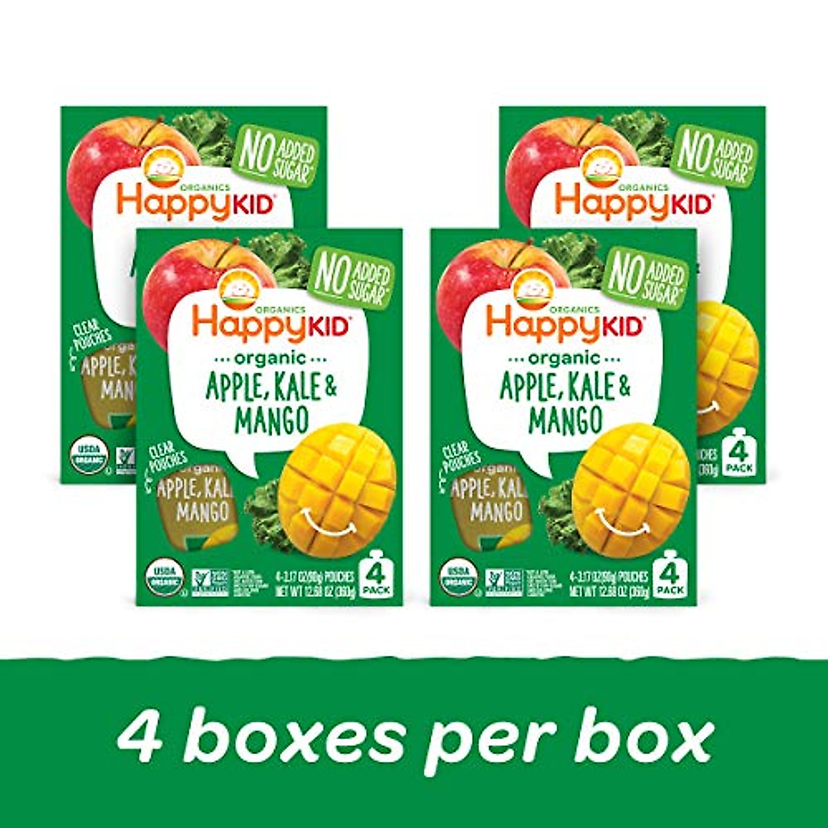 HAPPYKID Organics Organic Kid Snack, Apple, Kale, & Mango, 3.17 Ounce Pouch, Pack of 16 (Packaging May Vary)