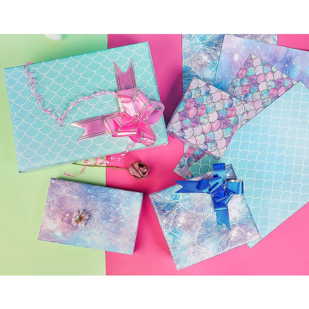 U'COVER Birthday Wrapping Paper for Girls Boys Kids Baby Shower Women Men Mermaid Scale Scallop Galaxy 12 Folded Sheet 4 Style Pattern Gift Wrapping Paper for Wedding Graduation Anniversary 20×29inch