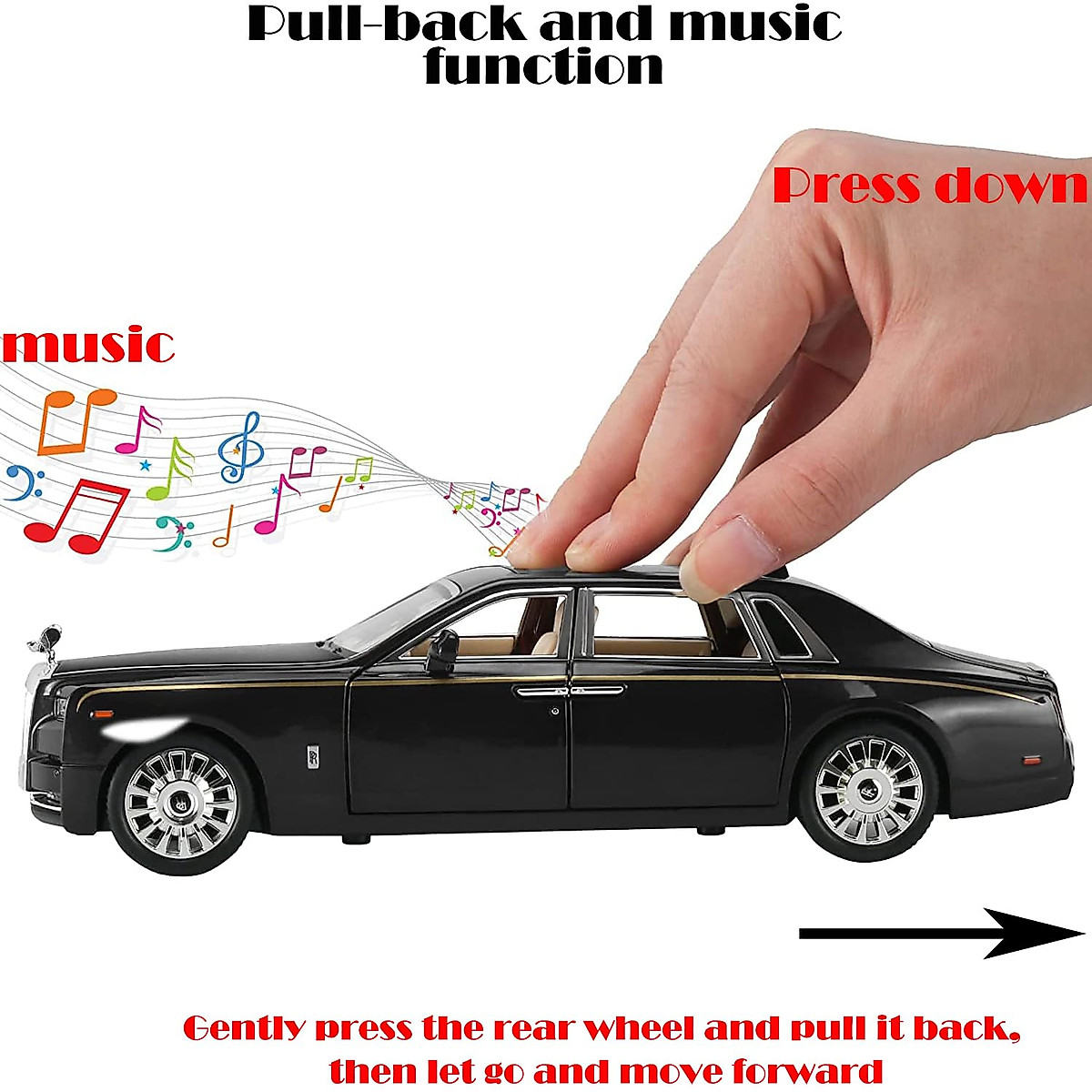 Toy Car Model Black Rolls-Royce Phantom Alloy Collectible Pull Back Vehicles Diecast with Light and Sound