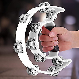 Alomejor Tambourine Half Moon Hand TambourineDouble Row Jingles Tambourine for Musicians Singers Music Classes Bands(White)