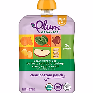 Plum Organics Stage 3 Organic Baby Food - Carrot, Spinach, Turkey, Corn, Apple, and Potato - 4 oz Pouch - Organic Baby Food Pouch
