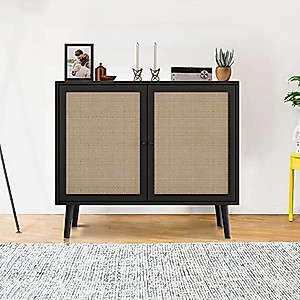 wirrytor 2 Sets of Storage Cabinet with Handmade Rattan Decorated Doors, Rattan Sideboard Buffet Cabinet with Storage for Living Room, Dining Room, Entryway, Kitchen, Black
