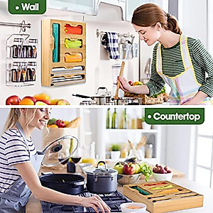 Ziplock Bag Storage Organizer Bamboo - 6 in 1 Wrap Dispenser with Cutter, Suitable for Gallon, Quart, Sandwich & Snack Bag, Cling Film, Aluminum Foil etc; Compatible with 12" Kitchen Rolls