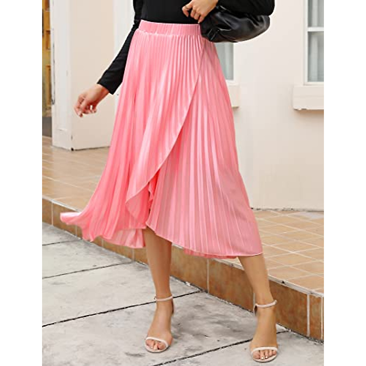 KOJOOIN Women's Barbie Skirts Pleated High Elastic Wasit A-line Asymmetrical Hem Swing Flowy Skirts with Lining Barbir Pink 2XL