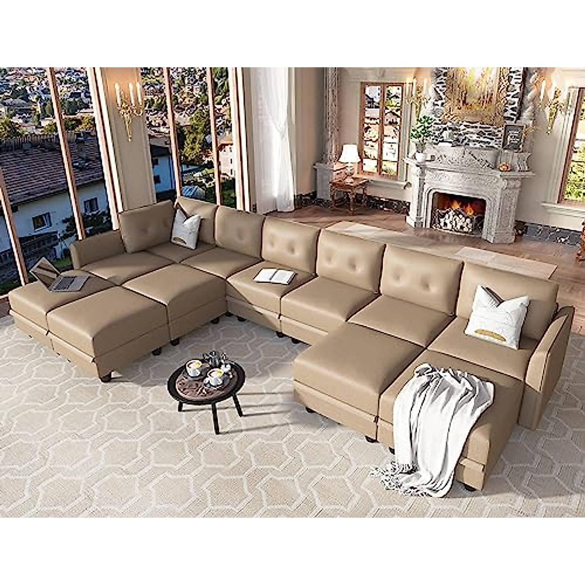 LLappuil Oversized Modular Sectional Sofa with Storage, Faux Leather Fabric U Shaped Sectional with Chaise, 12 Seater Modular Sleeper Couch for Living Room, Cognac