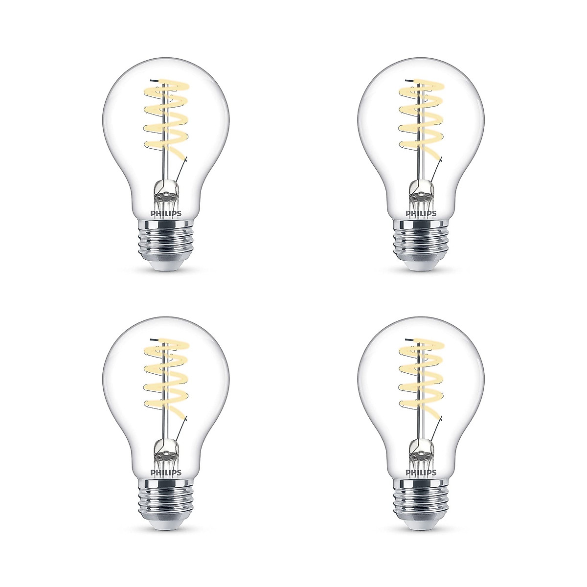 PHILIPS LED Vintage Flicker-Free Clear Spiral A19, Dimmable, Eyecomfort Technology, 500 Lumen, Soft White(2700K), 5.5W=40W, Title 20 Certified, E26 Base, 4-Pack, (565788)