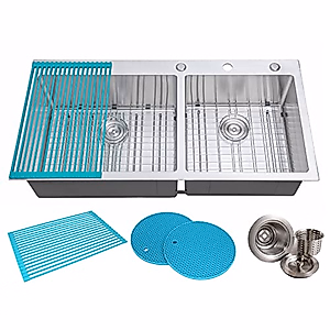 43 Inch Drop In Topmount Stainless Steel Super Sized Kitchen Sink 16 Gauge Double Bowl Basin w/ 9 Gauge Deck - Complete Sink Pack