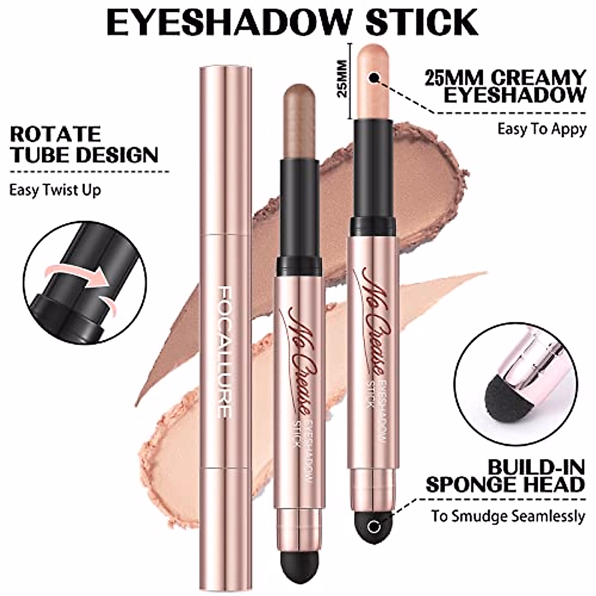 FOCALLURE 2PCS No Crease Eyeshadow Stick,Shimmer and Matte Cream Eyeshadow Pencil Crayon,Long Lasting Waterproof Eye Brightener Stick With Blending Brush,Before Day