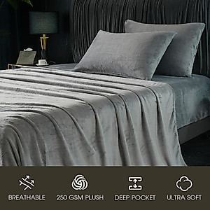 HYPREST Flannel Sheets King Size Deep Pocket, 250 GSM Micro Plush Velvet Sheets, Hotel Luxury Soft Breathable Grey King Bed Sheets Warm Fleece Sheets fits Mattress up to 24" in