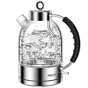 ASCOT Electric Kettle, 100% BPA-Free Glass Electric Tea Kettle, 1.6L 1500W Retro Tea Heater & Hot Water Boiler, No Plastic, with Auto Shut-Off and Boil-Dry Protection (Silver)