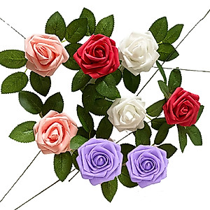 Artificial Flowers 50PCS Fake Foam Roses Faux Flower Real Looking Artificial Roses for Crafts Wedding Bouquets DIY Party Baby Shower Centerpieces Floral Arrangements Home Garden Decorations (Red)