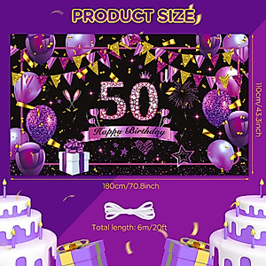 Happy 50th Birthday Banner for Women Purple 50th Birthday Decorations Purple Black Gold 50th Happy Birthday Sign 50 Year Old Birthday Backdrop Banner for Women Men 50th Birthday Party Supplies