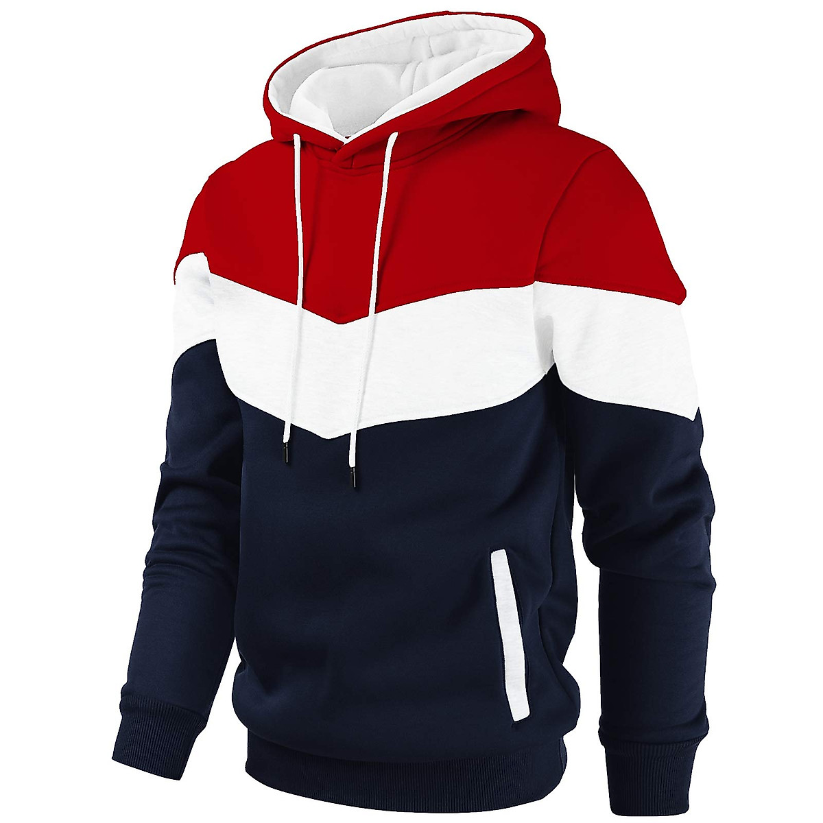 Gesean Men's Novelty Color Block Pullover Fleece Hoodie Long Sleeve Casual Sweatshirt with Pocket Red Large