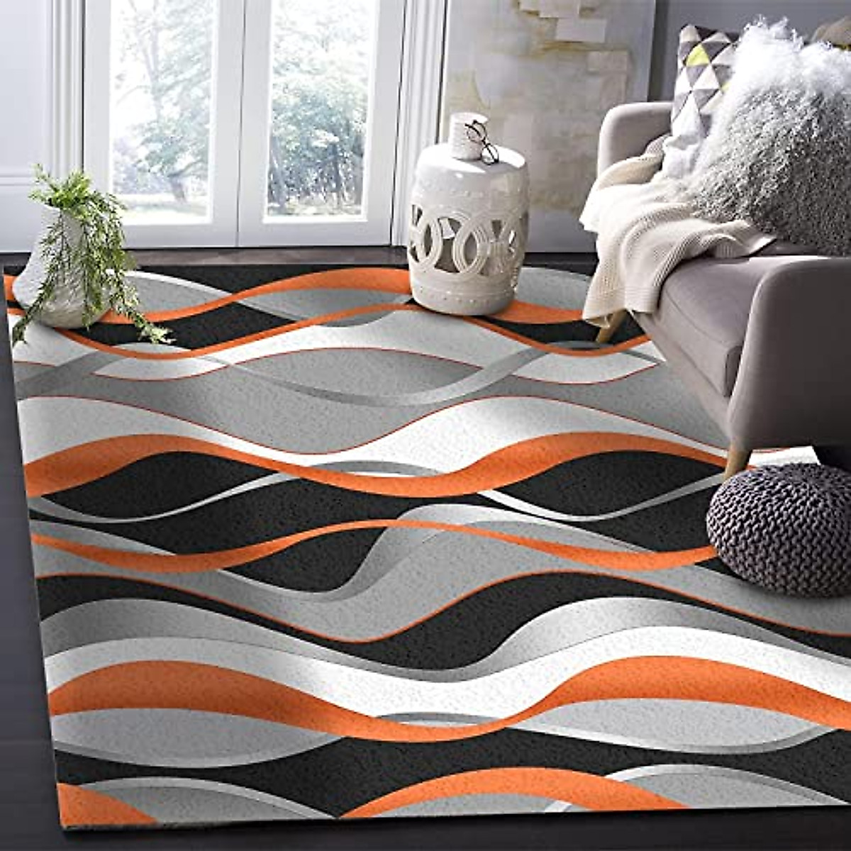 Abstract Orange Gray Modern Wavy Line Area Rug, Gradient Grey Geometry Black Stripes Home Decor Rug, Easy Clean Carpet for Living Room Bedroom Kitchen Dining Room Home Office Floor Rug 3ftx5ft