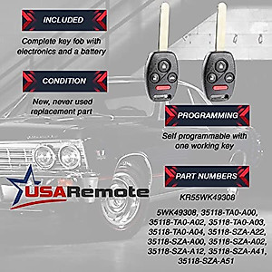 Key Fob fits Honda Accord/Pilot 2008 2009 2010 2011 2012 2013 2014 2015 (KR55WK49308), Set of 2