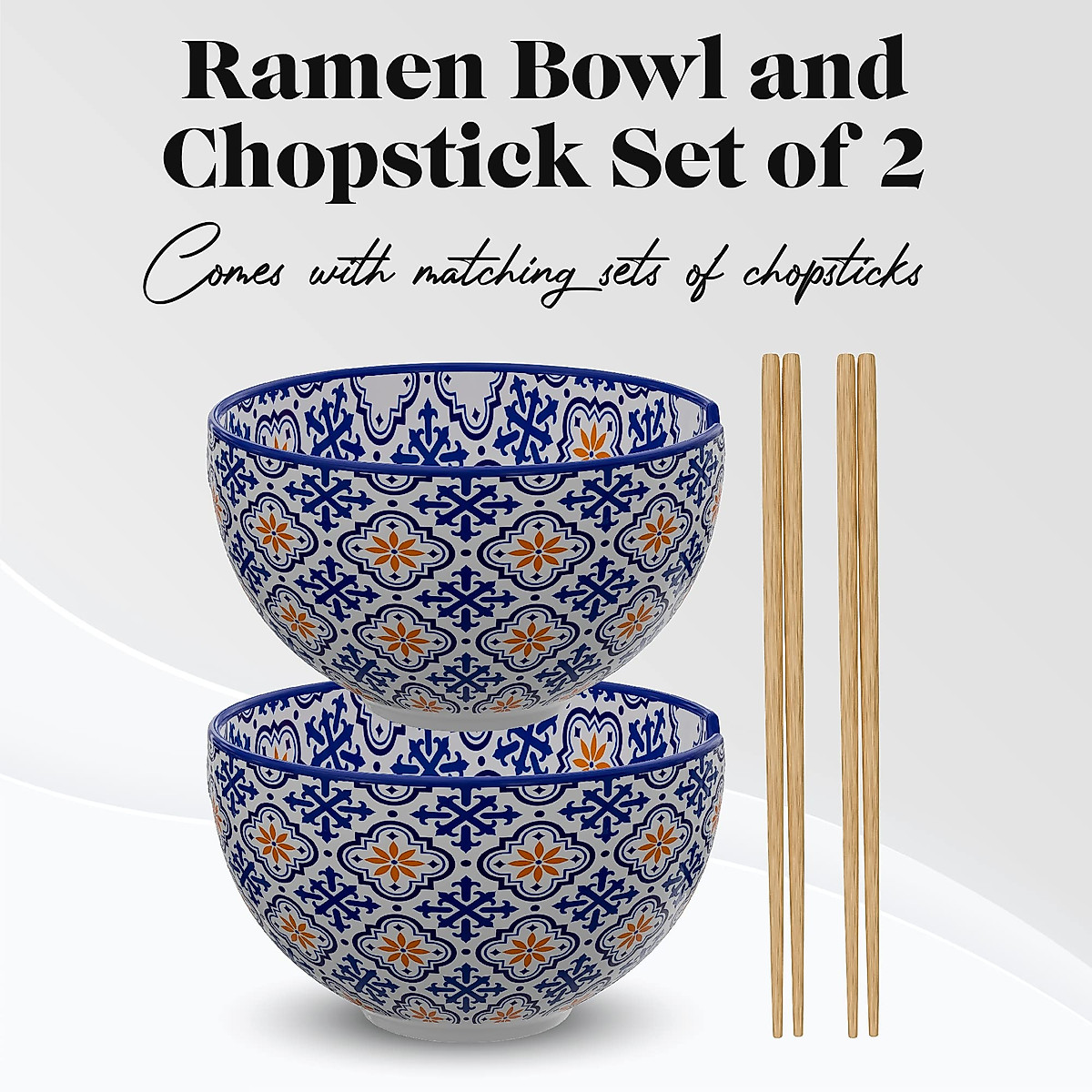 American Atelier Ramen Bowl with Chopsticks | Set of 2 | Soup Bowls for Kitchen | Udon Noodle Bowls with Chopsticks | Stoneware Soup Bowl | 6" Diameter (21 Oz) - Medallion Blue & Orange Design