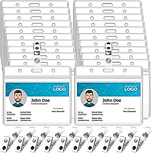 koorito 50 Pack Name Badge Holder with Clip Clear PVC Horizontal Badge Holder and Metal Badge Clip Waterproof Resealable Zipper Seal Name Holder Tags with Badge Clip
