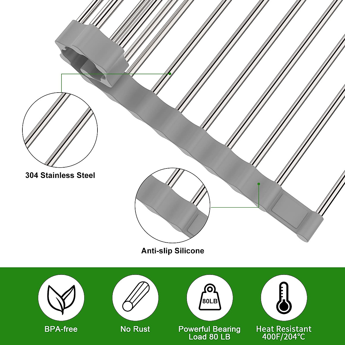 Liangmall Dish Drying Rack Expandable Up to 23.6", Roll Up Over The Sink Dish Drying Rack, Extra Large Stainless Steel Multipurpose Kitchen Sink Drainer - 23.6"(L) x 15.7"(W)