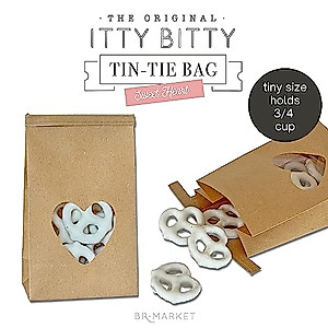 BR Market Kraft Paper Treat Bags - Extra Small with Heart Window, 50 Pcs, 3.3 x 5.5 x 2 Inch, Tin Tie Tab Lock, Brown Window, Perfect for Cookies, Coffee, Weddings