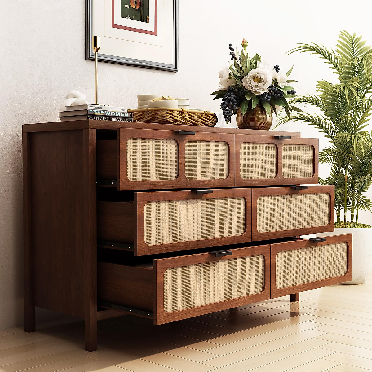 QEIUZON 6 Drawer Dresser, Modern Rattan Dresser Chest with Wide Drawers and Metal Handles, Farmhouse Wood Storage Chest of Drawers for Bedroom, Living Room, Entryway (Walnut-6 Drawers)