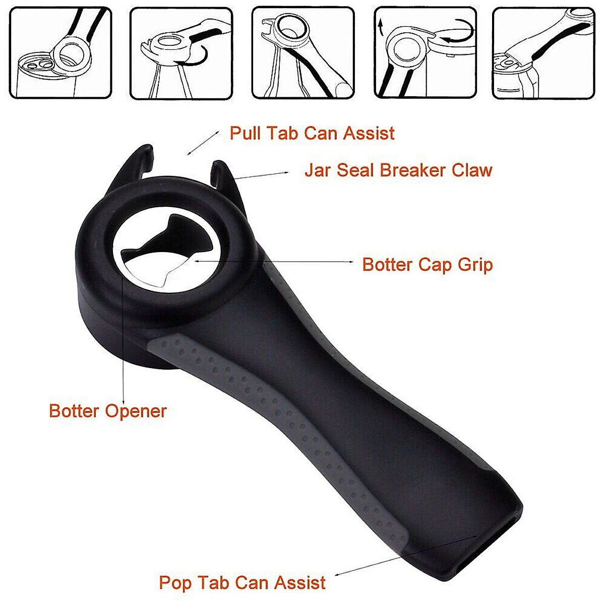 Bottle Opener Can Jar Opener Multi Function 5 in 1 Lid Twist Off Gripper Kitchen Multifunction Opener For Seniors Soft Grips Handle Wine Beer Soda Pops Easy Quick Tool Gadget Set Barware