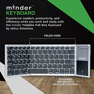 obVus Solutions - minder Foldable Keyboard Bluetooth with Trackpad – Wireless Portable Full-Size Travel Keyboard with Touchpad for Laptop, Tablets, and Phones
