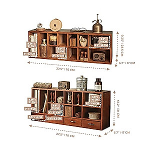 Wood Cabinet Floating Shelves (Set of 2) - Includes 1 Cubby Shelf w/ 12 Slots & 4 Drawers and 1 Wide Wooden Shelf - Stackable Farmhouse Decor Walnut Wood Cabinet - Total of 26 Compartments