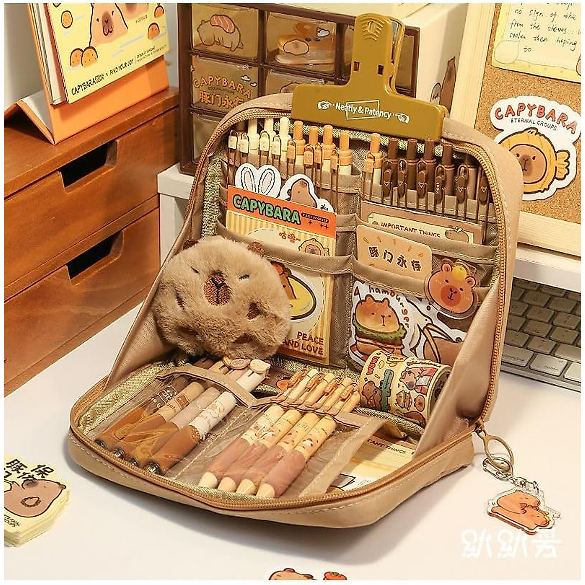 LEEWENYAN Capybara Pencil Case with 12 Compartments 90° Wide Opening Mouth Pencil Pouch with Kawaii Pins Plush Cute Stationery (Brown)