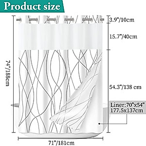 LXBNI No Hook Grey White Striped Shower Curtain with Snap in Fabric Liner Set - Hotel Shower Curtain and Liner Set with See Through Mesh Top Window,Machine Washable, 71x74 INCH