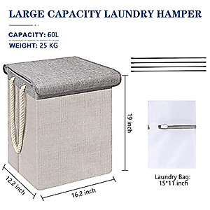 POBOMVOM 60L Laundry Basket with Lid, Hampers for Laundry with Rope Handles Waterproof Lining Detachable Brackets Dirty Clothes Hamper for Bedroom, Bathroom Dorm Organization (19 inches, Light Grey)